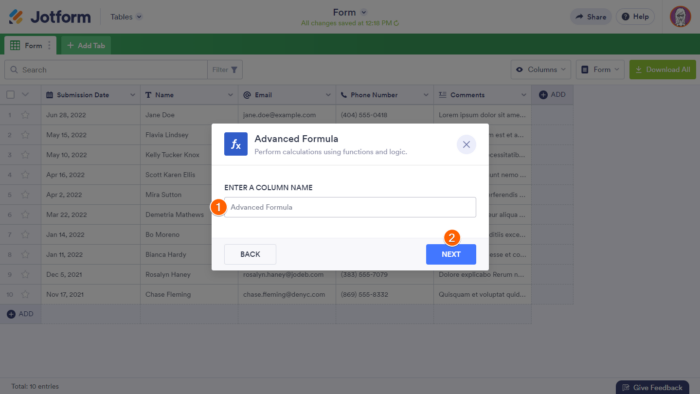 Using Advanced Formula in Jotform Tables