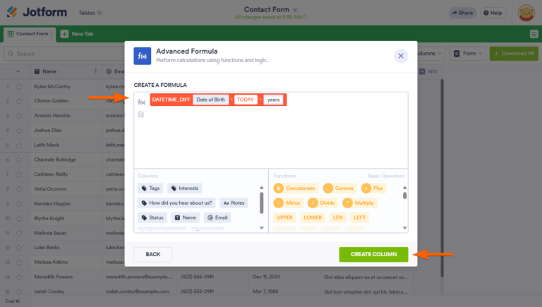 Using Advanced Formula in Jotform Tables