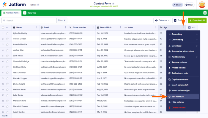 Using Advanced Formula in Jotform Tables