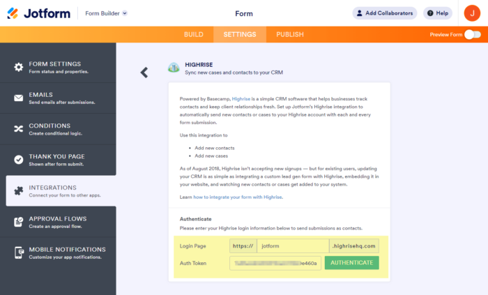 How to Setup the Highrise Integration