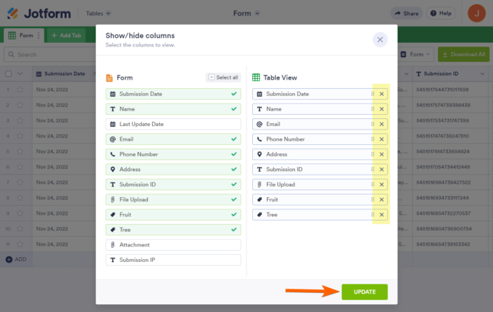 How to Show and Hide Columns in Jotform Tables