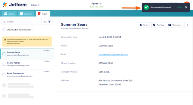 How to Restore Deleted Submissions in Jotform Inbox