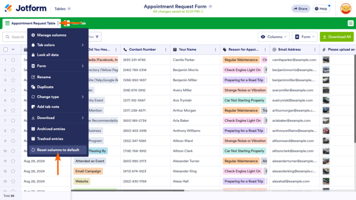 How to Reset Jotform Tables to Its Default View