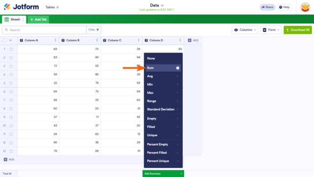 How to Get the Sum of Fields in Jotform Tables