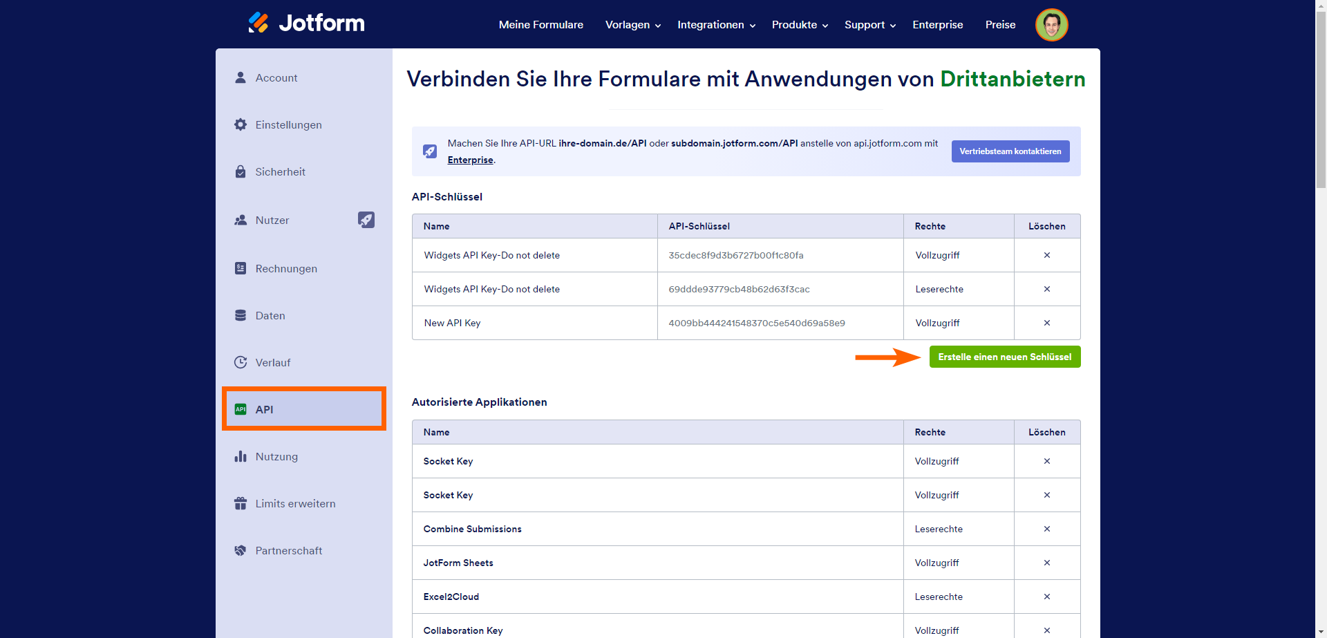 Wie Sie einen Jotform API-Schlüssel erstellen