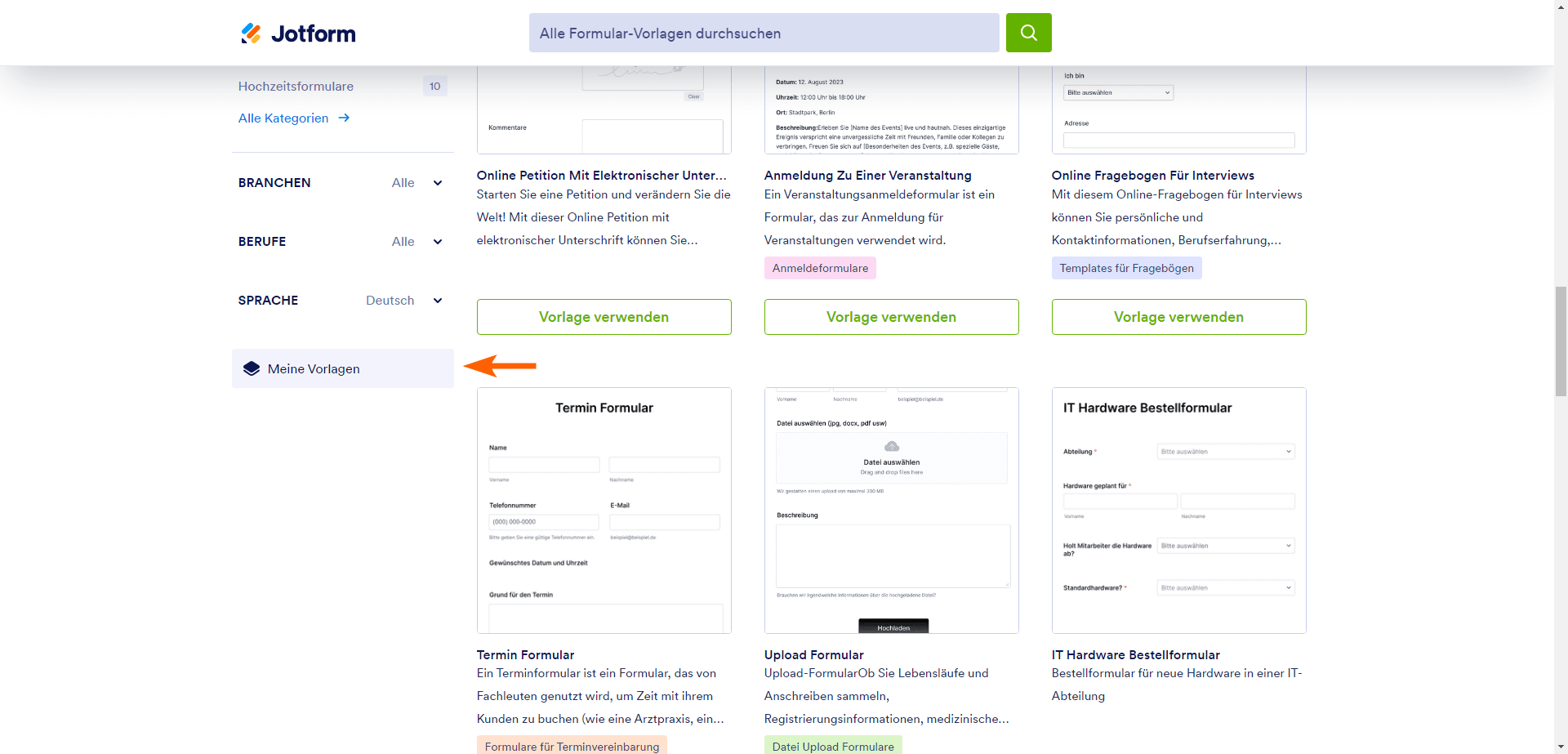 Teilen eines Formulars in der Galerie Vorlagen für Online-Formulare