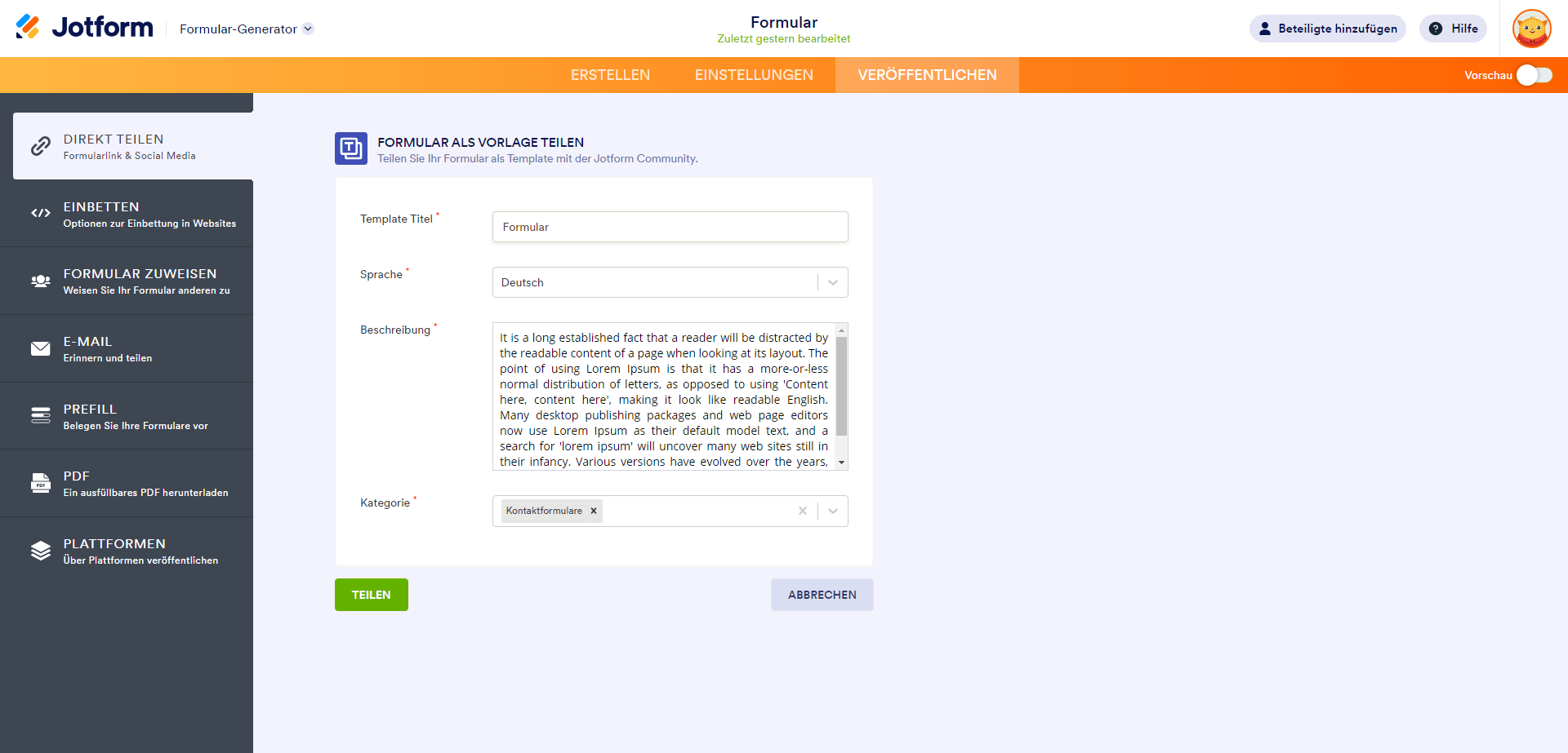 Teilen eines Formulars in der Galerie Vorlagen für Online-Formulare
