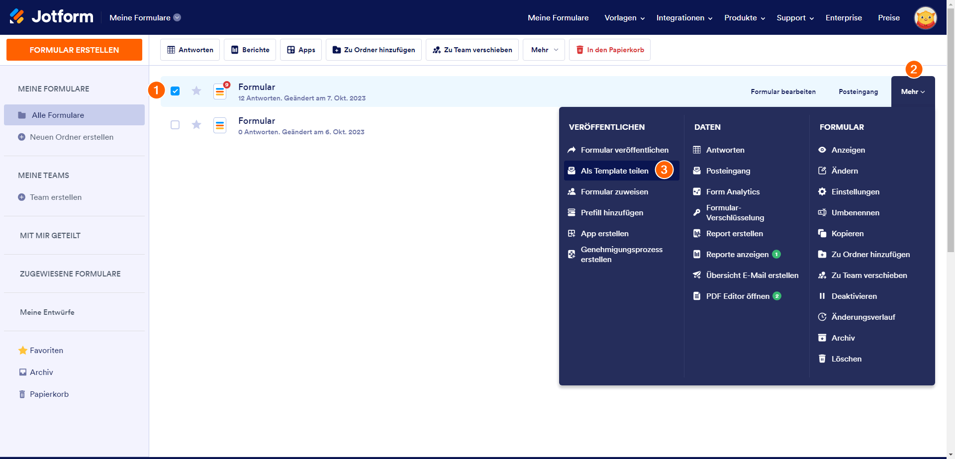 Teilen eines Formulars in der Galerie Vorlagen für Online-Formulare