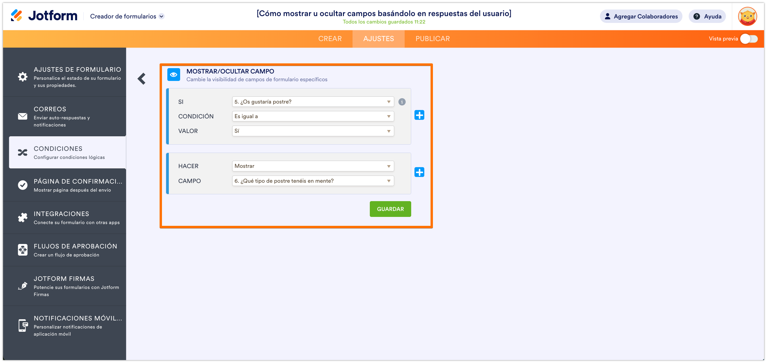 Cómo mostrar u ocultar campos basándolo en respuestas del usuario