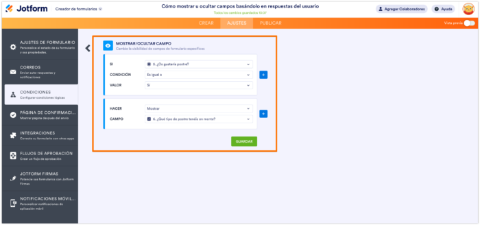 Cómo mostrar u ocultar campos basándolo en respuestas del usuario