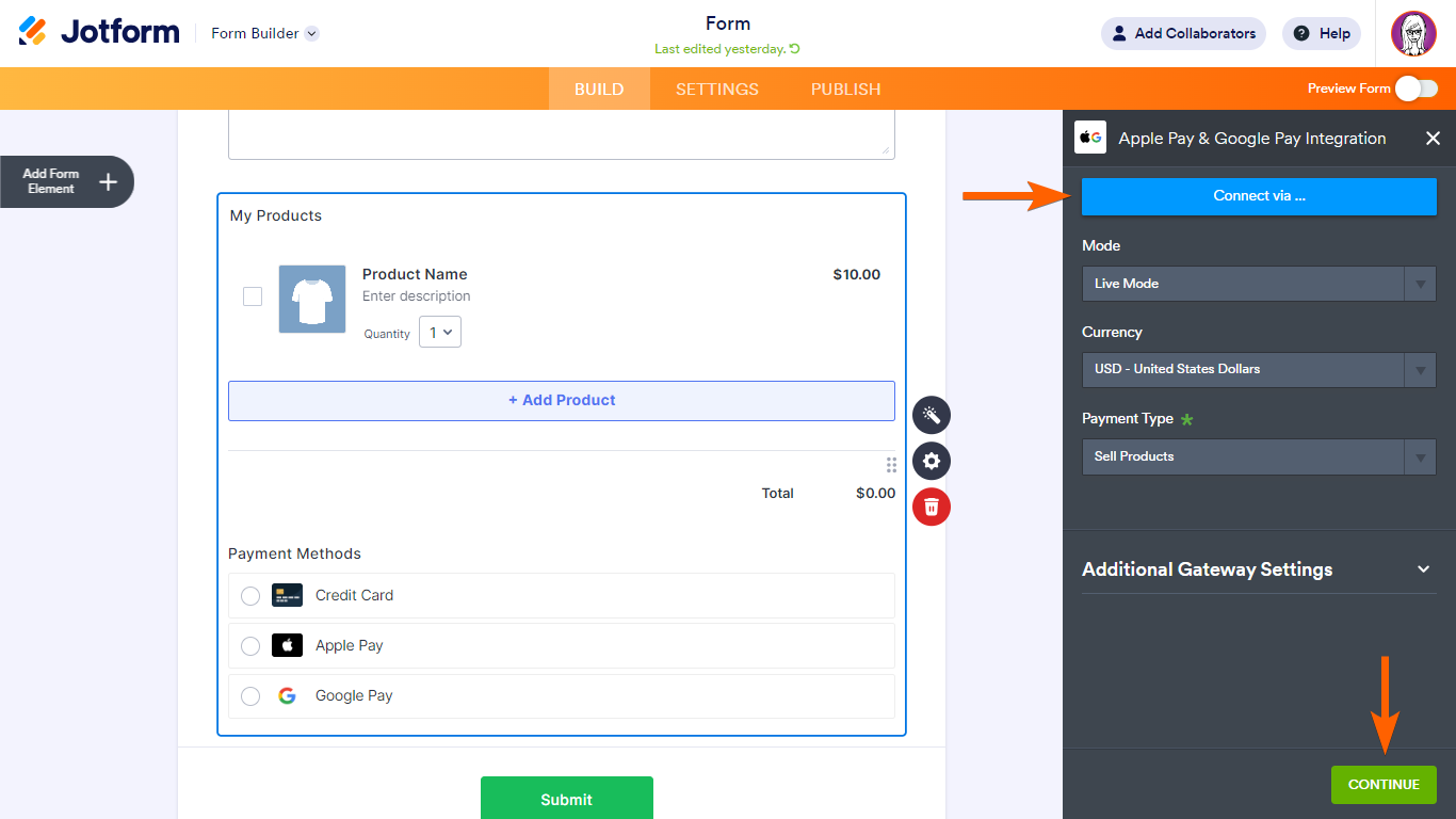 How to enable card, PayPal and Google Pay to my form?