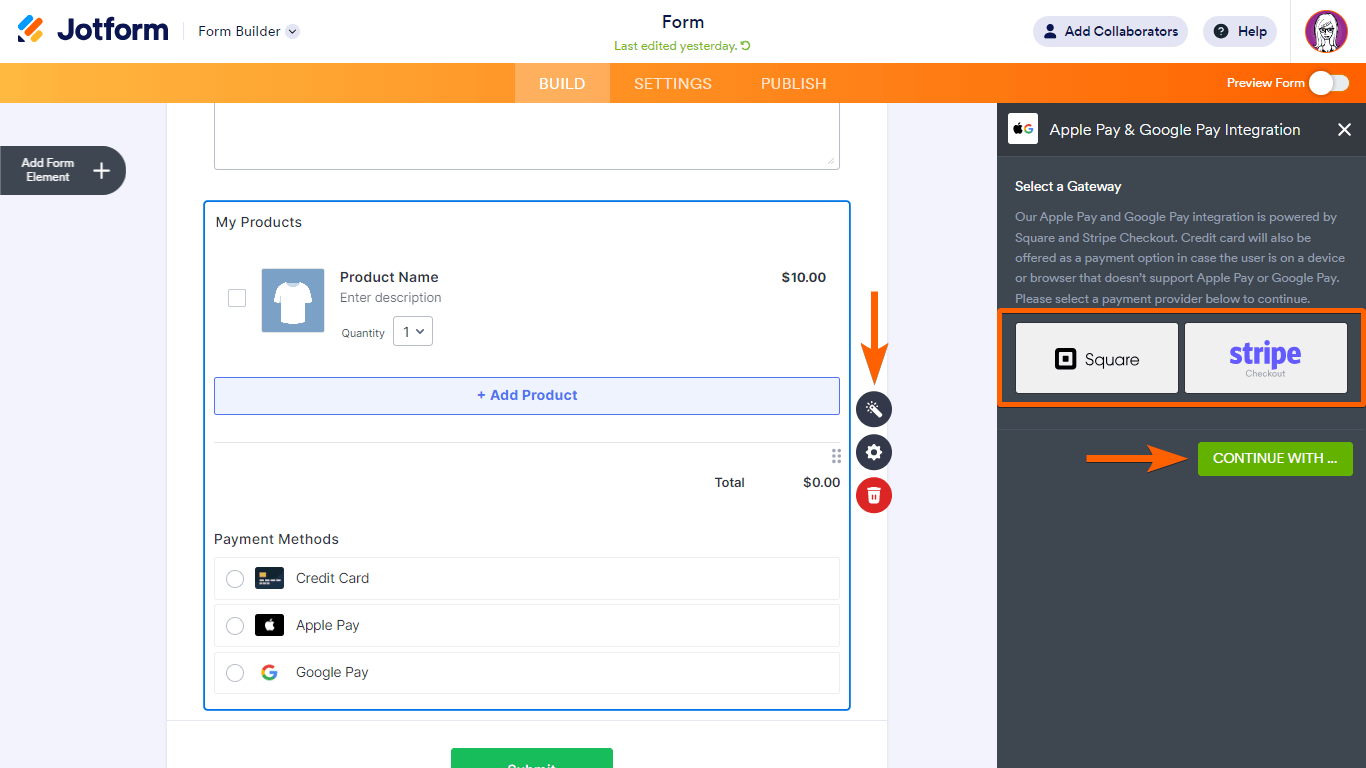 How to enable card, PayPal and Google Pay to my form?