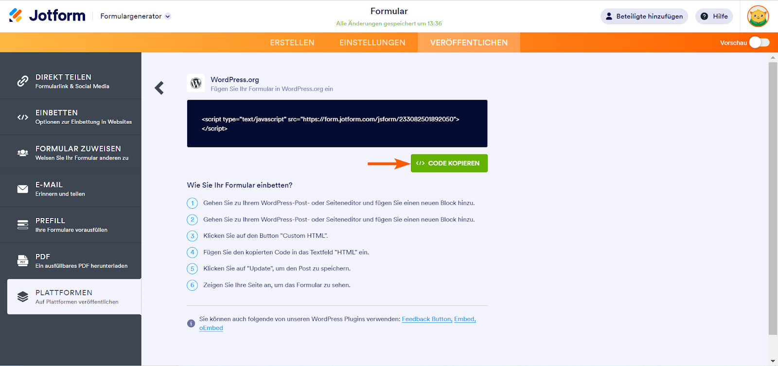 Formulare in die Wordpress.org-Version einfügen