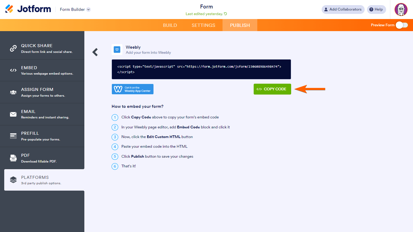 Adding a Form to Weebly