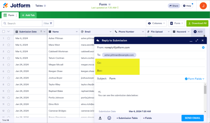 How to Use Direct Emailing Options in Jotform Tables