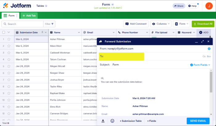 How to Use Direct Emailing Options in Jotform Tables