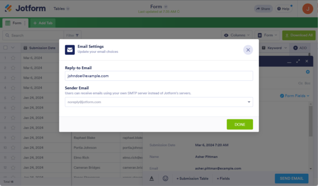 How to Use Direct Emailing Options in Jotform Tables
