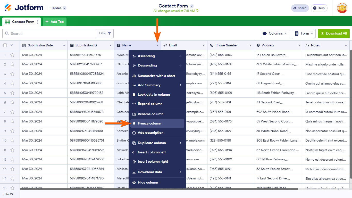 How to Freeze and Unfreeze Columns in Jotform Tables