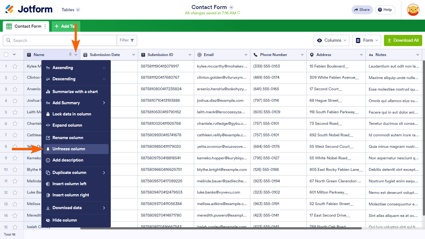 How to Freeze and Unfreeze Columns in Jotform Tables