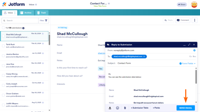 How to Email Entries in Jotform Inbox