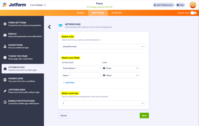 How to Integrate Jotform with GetResponse