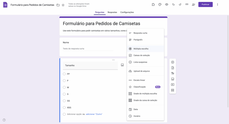 Como criar um formulário para pedidos de camisetas no Formulários ...