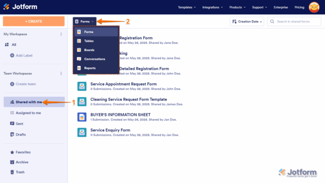 How to View Forms and Other Shared Assets in Your Workspace