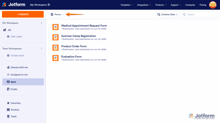How to Use the Sent Section in Jotform Workspace